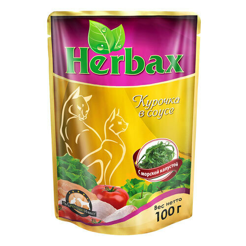 Herbax Корм консервированный для кошек, Курочка в соусе с морской капустой, 100г (24 пауча)