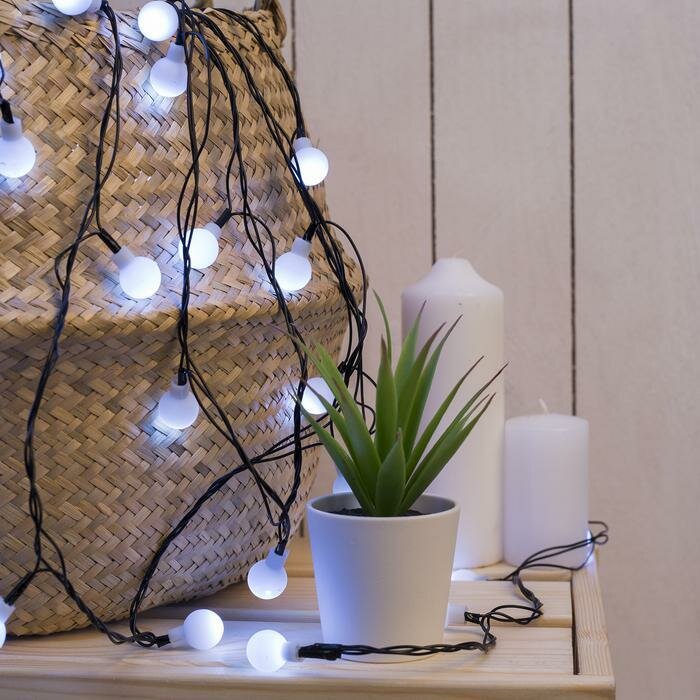 Гирлянда Luazon Lighting Нить с насадками "Шарики Белые", 5 м, LED-30-220V, 8 режимов, нить темная, свечение белое (3590706)