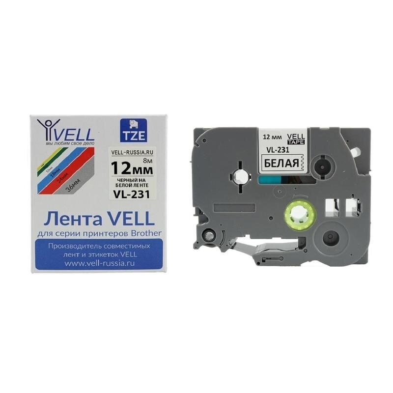 Картридж для принтера Vell "Brother", TZe-231, 12 мм, черный на белом, для PT (320128)