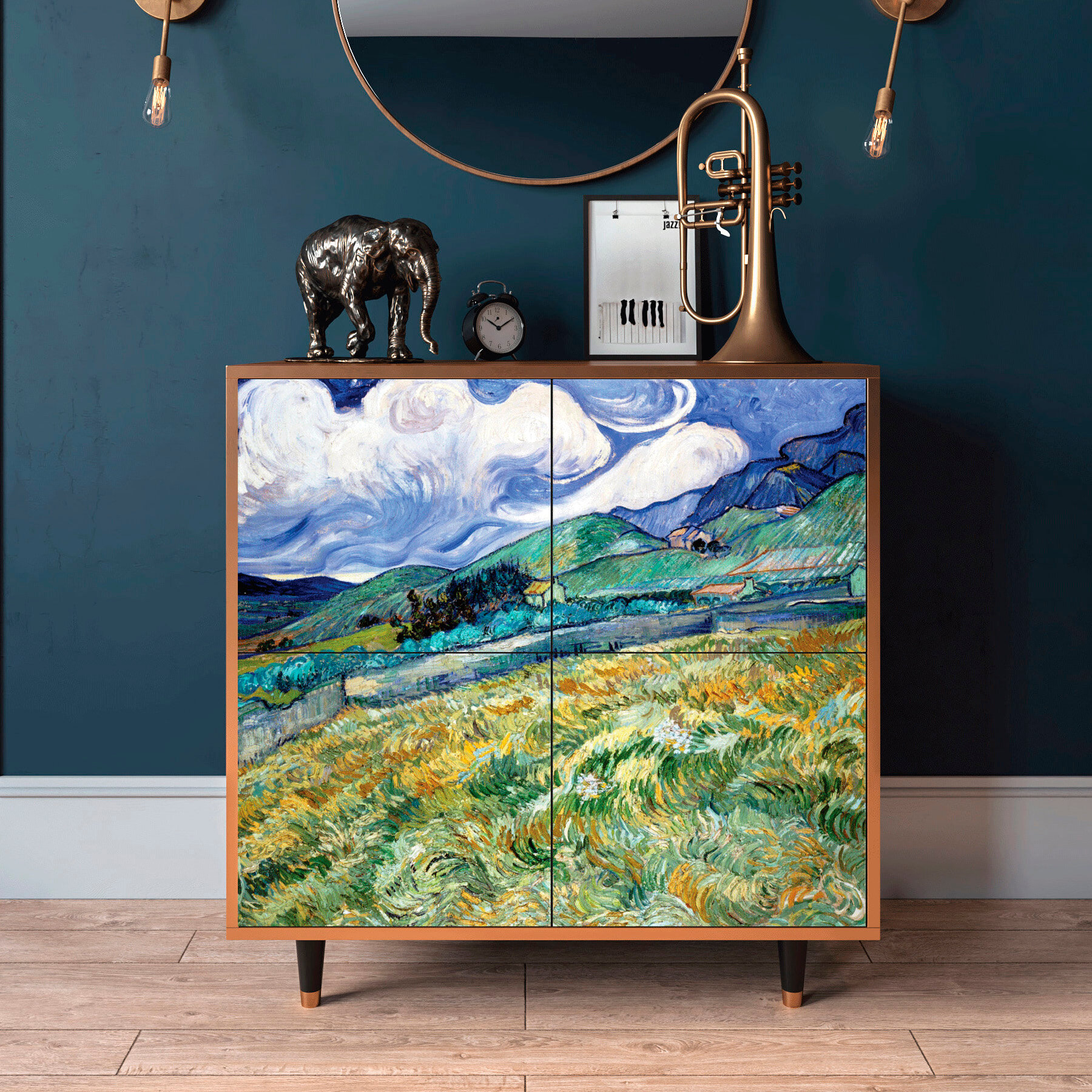 Комод - STORYZ - BS3 Landscape from Saint-Rémy by Vincent van Gogh, Размер - 94 x 96 x 48 см, Цвет корпуса - Орех