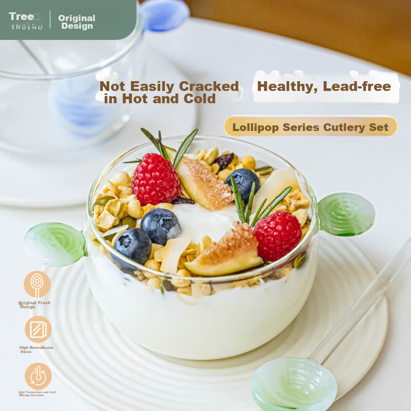 Shuke Lollipop Двухручная стеклянная миска, Домашняя зерновая миска для йогуртного салата, Высокая боросиликатная