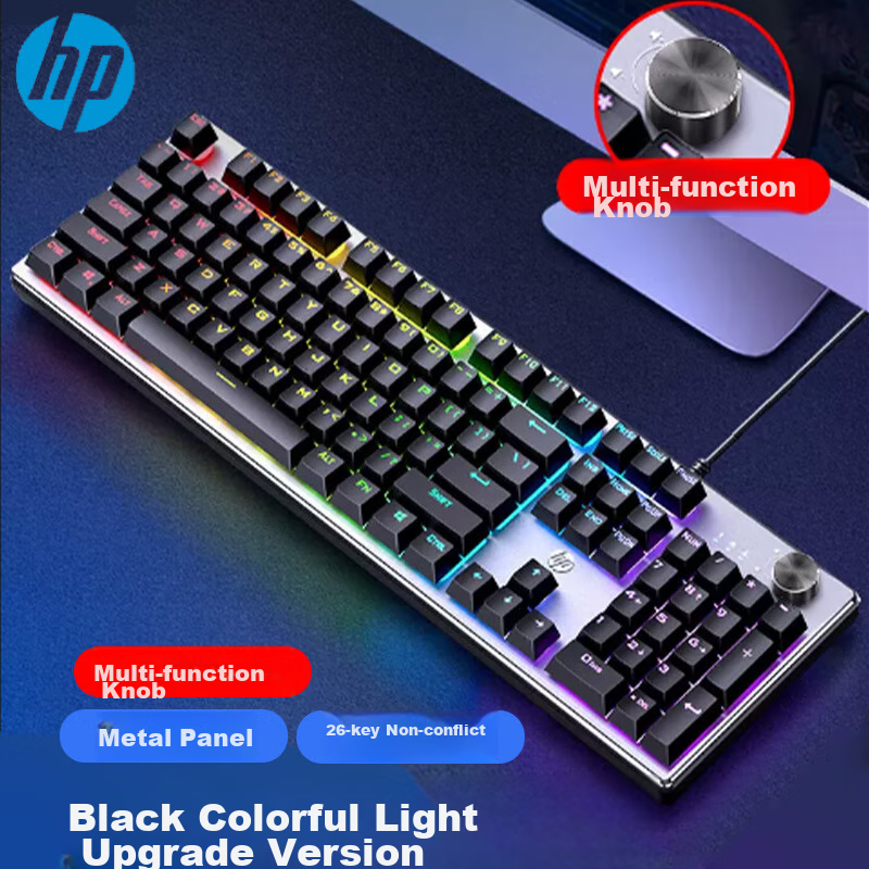 HP Wired Mechanical Keyboard, Gaming And Office Keyboard, 104 Keys Full-Size, Compatible with Laptops And Desktop Computers, Metal Panel with Knob, Black