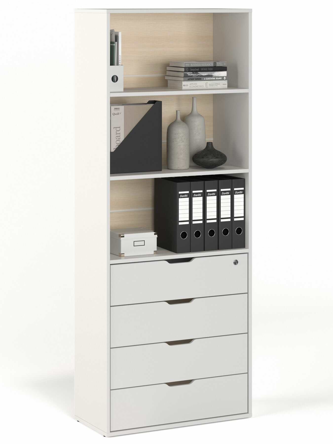 Книжный шкаф-стеллаж для дома и офиса с 3 полками и 4 ящиками МагМебель №36 белый