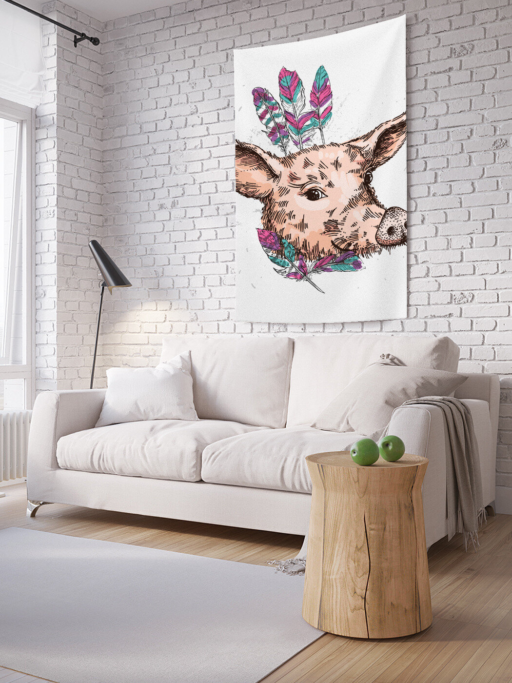 Вертикальное фотопанно на стену JoyArty "Портрет свиньи с перьями", из ткани, 100х150 см