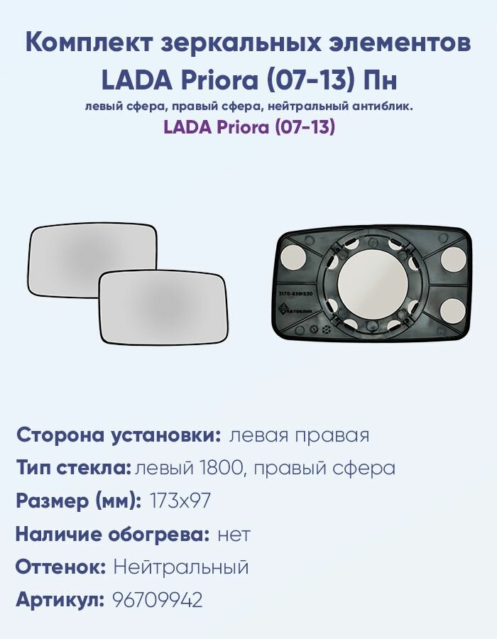 Комплект зеркальных элементов LADA Приора (2007-13) с сферическими противоослепляющими отражателями нейтрального тона, без обогрева.