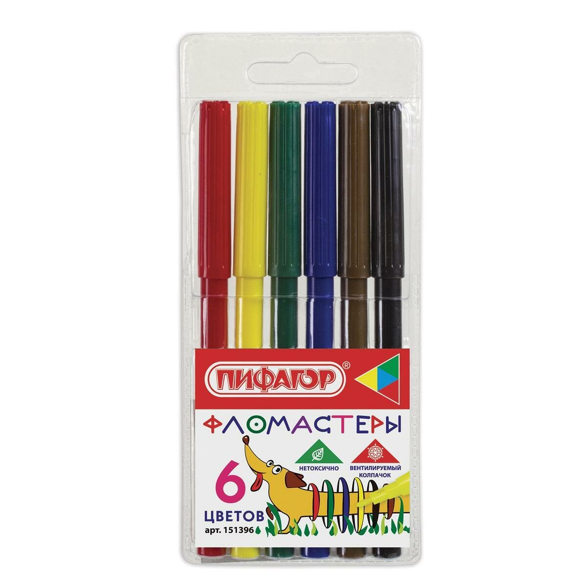 Фломастеры "Веселая такса" 6 цветов, вентилируемый колпачок, нетоксичные