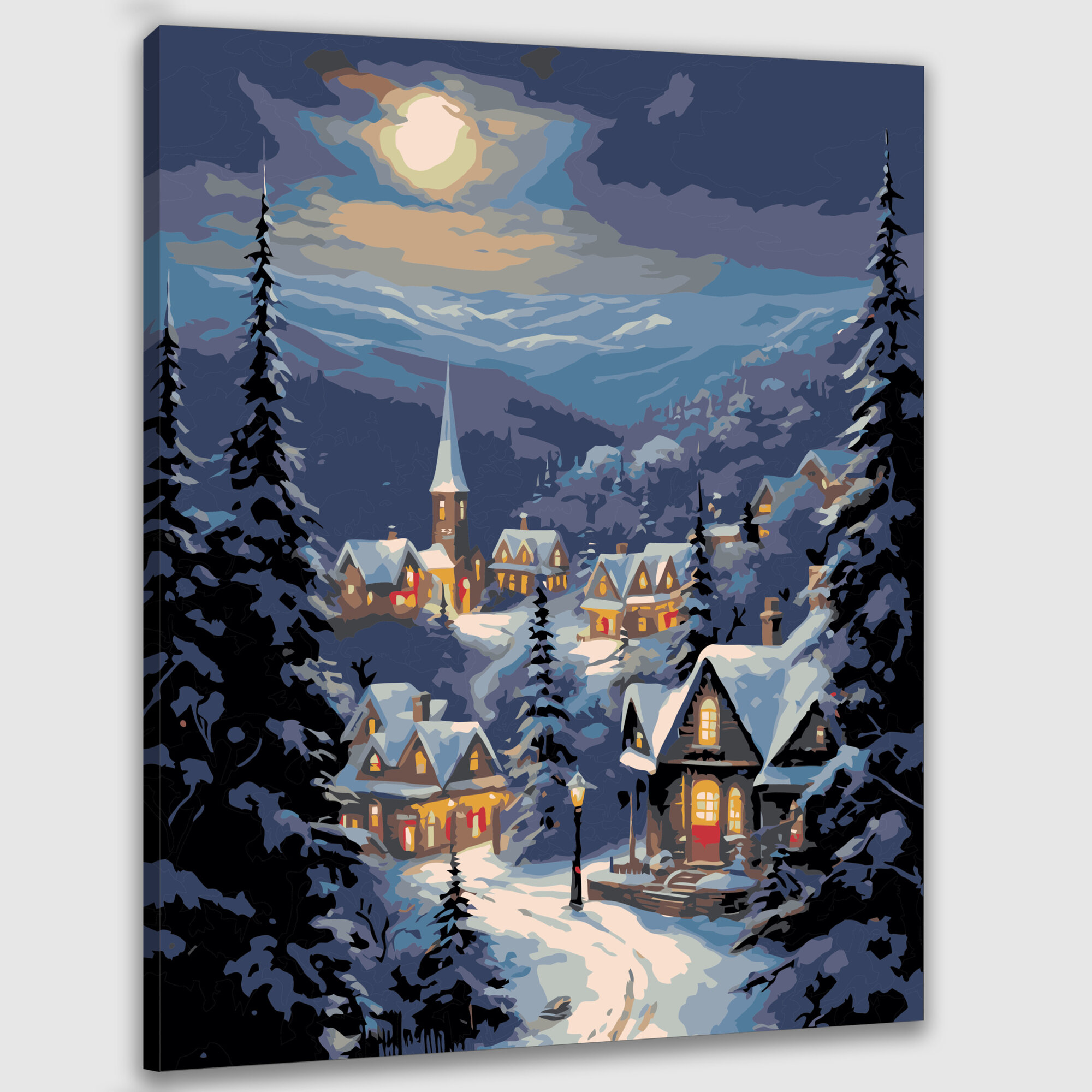 Картина по номерам 40x50 см, картина маслом, праздничный дух Йоля, зимняя деревня, заснеженные деревья