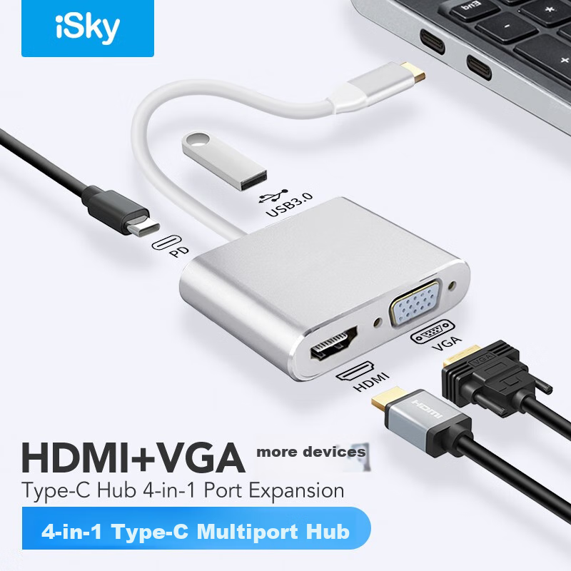 IskyType-C Expansion Dock, USB-C to HDMI/VGA Converter, 4K, for Apple Computers MacBook, Expands IPad Pro, Connects to TV Projector, Adapter for Huawei Tablets