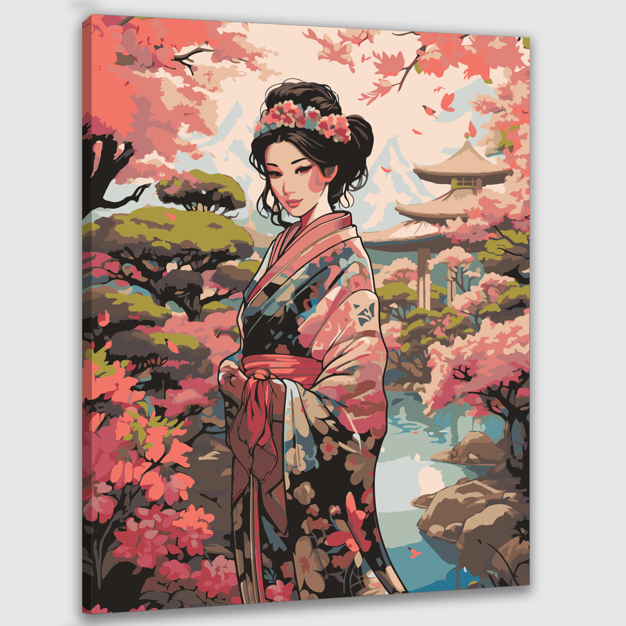 Картина по номерам 40x50 см, яркая, энергичная, иллюстрация, аниме, гейша, яркое кимоно, смелые узоры, яркие цвета