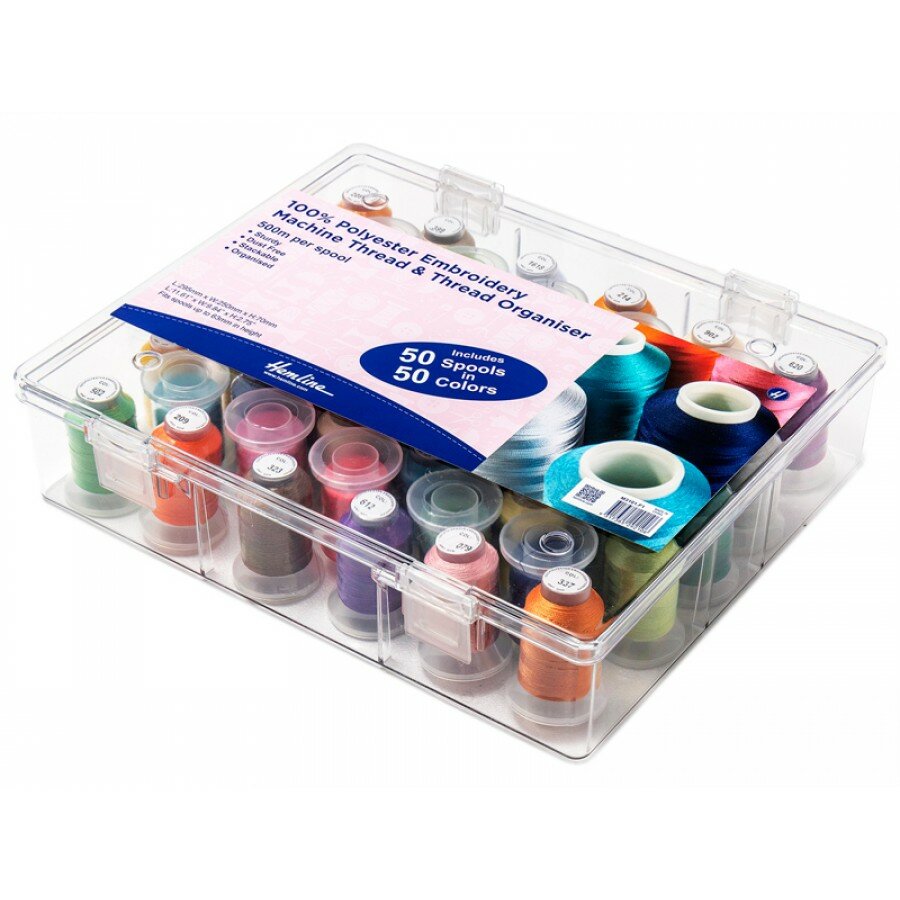 Набор нитей для машинной вышивки в органайзере, 50 катушек 290 х 230 х 75 мм 500 м 40 wt HEMLINE M3101. F1