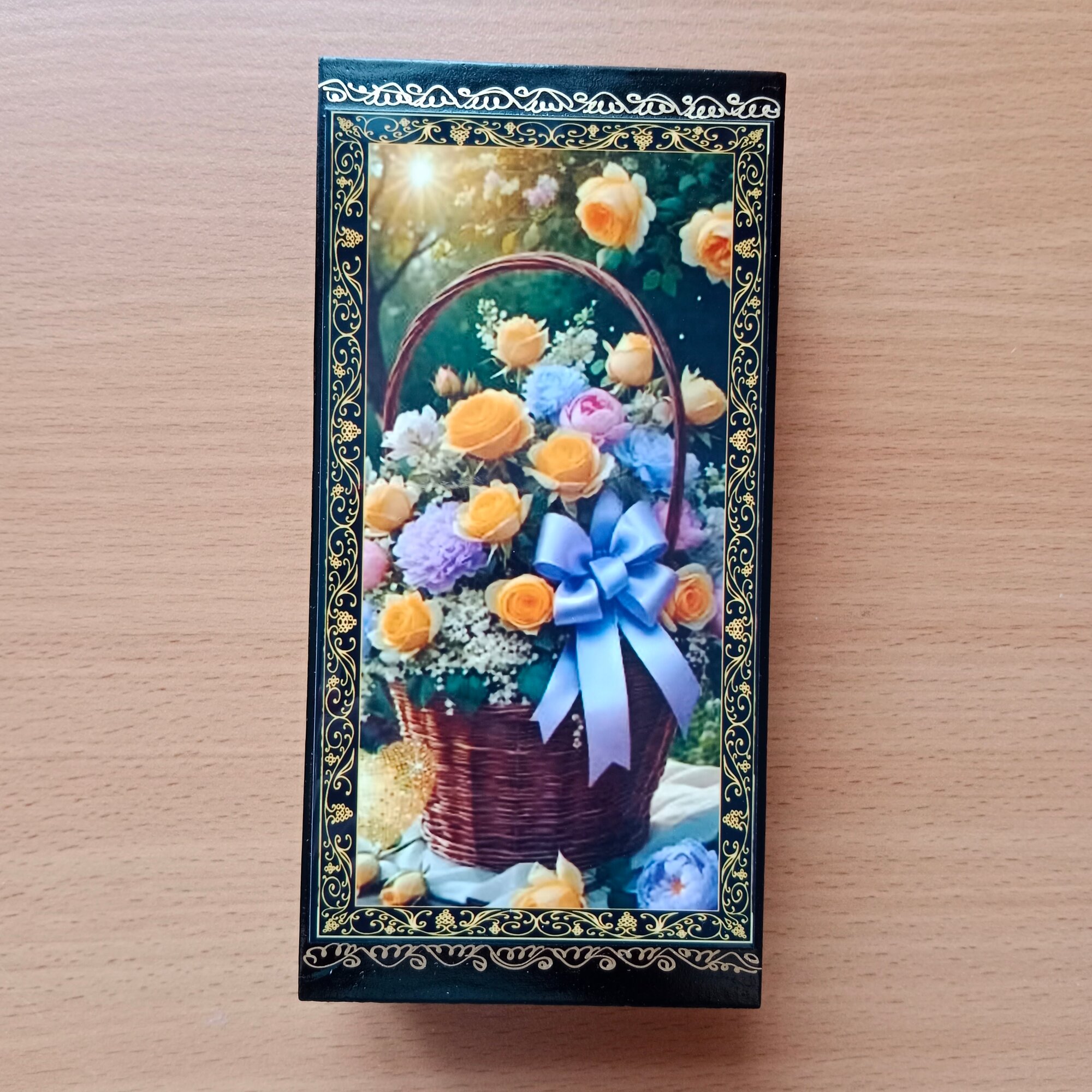 Шкатулка-купюрница "Корзина с цветами" 17*8,5*3,5см, лаковая миниатюра