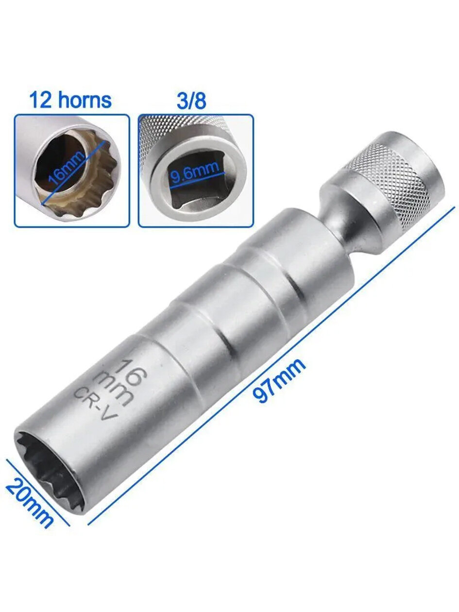 Магнитный 12-угловой инструмент для ремонта, тонкостенные головки 3/8 дюйма для свечей зажигания 16 мм