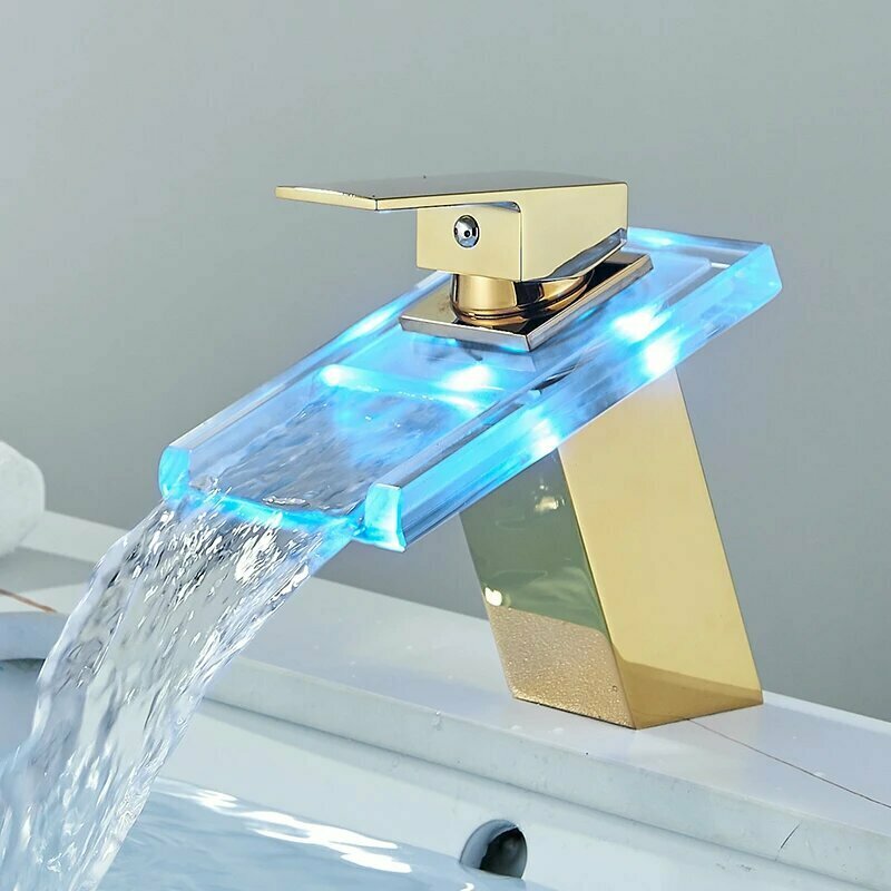 Светодиодный смеситель для раковины со сменой цвета, кран для раковины «Водопад», смесители для раковины с одной ручкой, смесители для горячей/холодной воды, Golden A