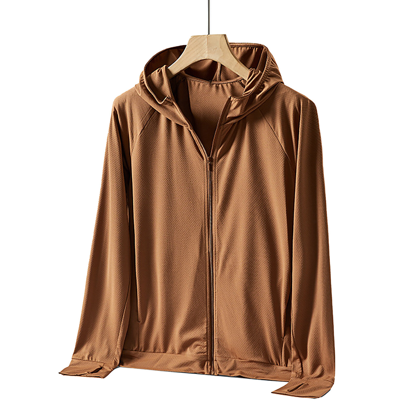 Мужская легкая куртка-худи на молнии с защитой от солнца UPF 50+, с длинными рукавами, подходит для рыбалки, походов и активного отдыха, коричневого цвета, размер XL.