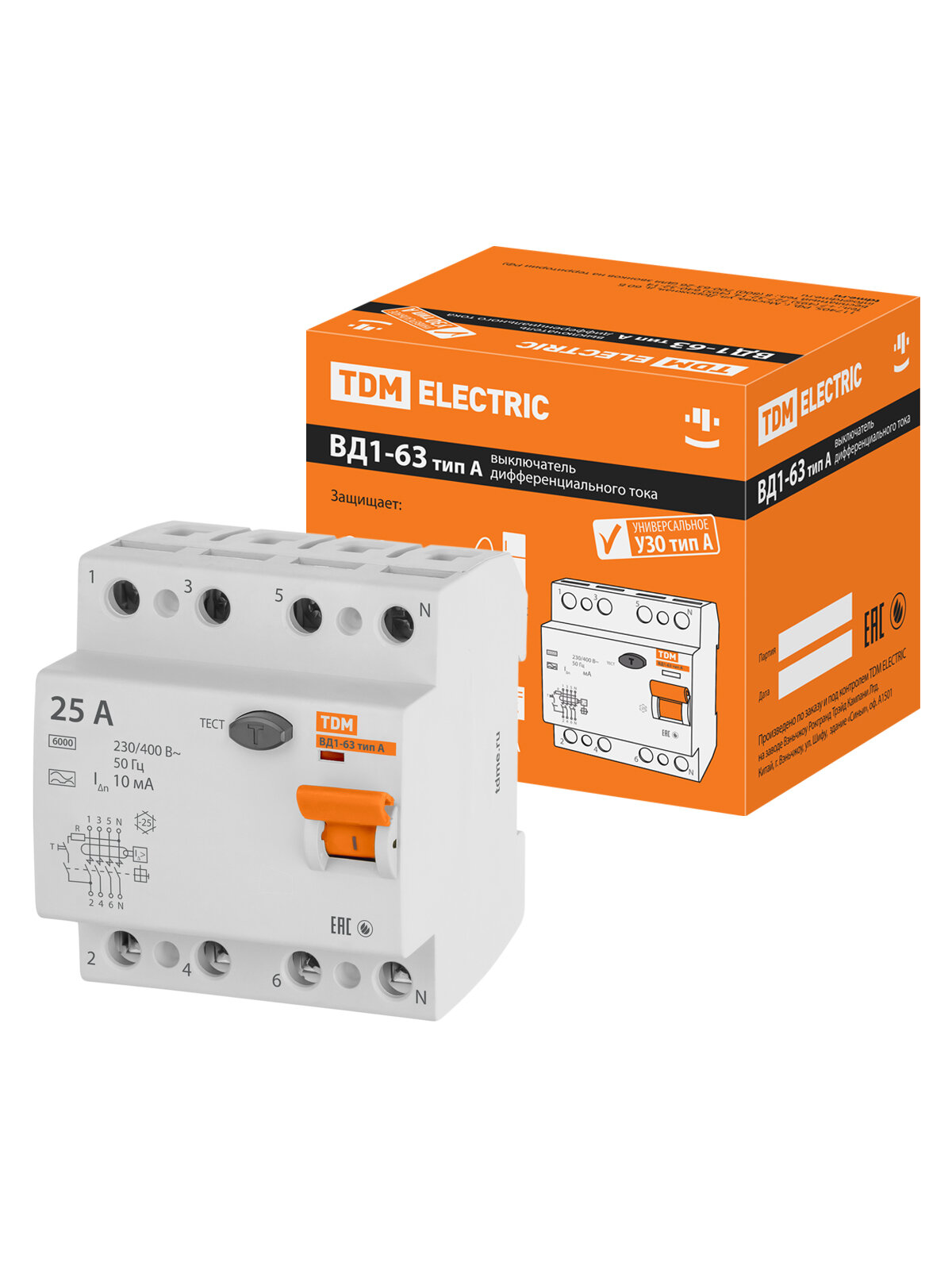 УЗО ВД1-63 4Р 25А 10мА тип А TDM Electric