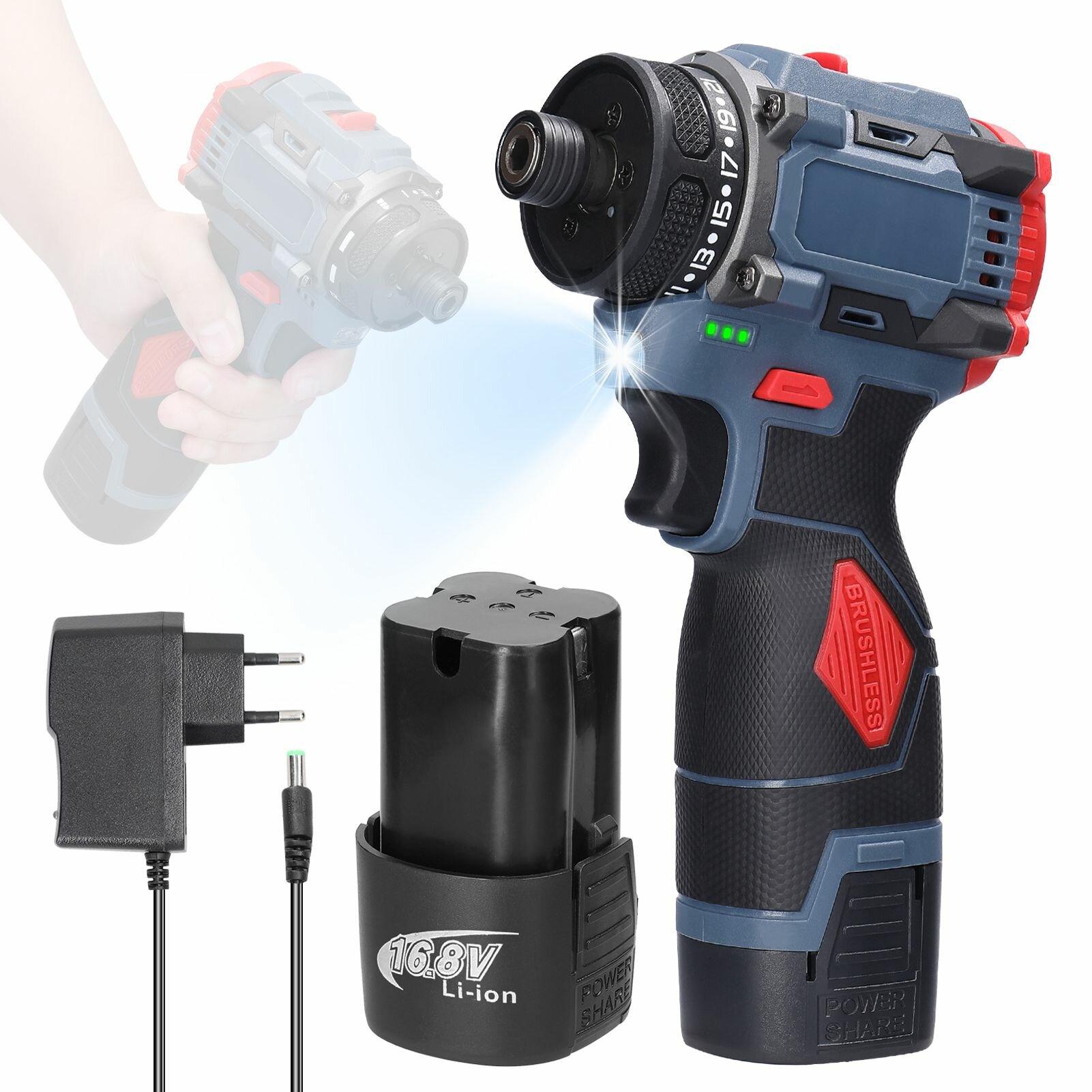 Отвертка аккумуляторная,16.8V многофункциональный бесщеточный шуруповерт с моментом 45 Нм, двумя аккумуляторами и зарядным устройством