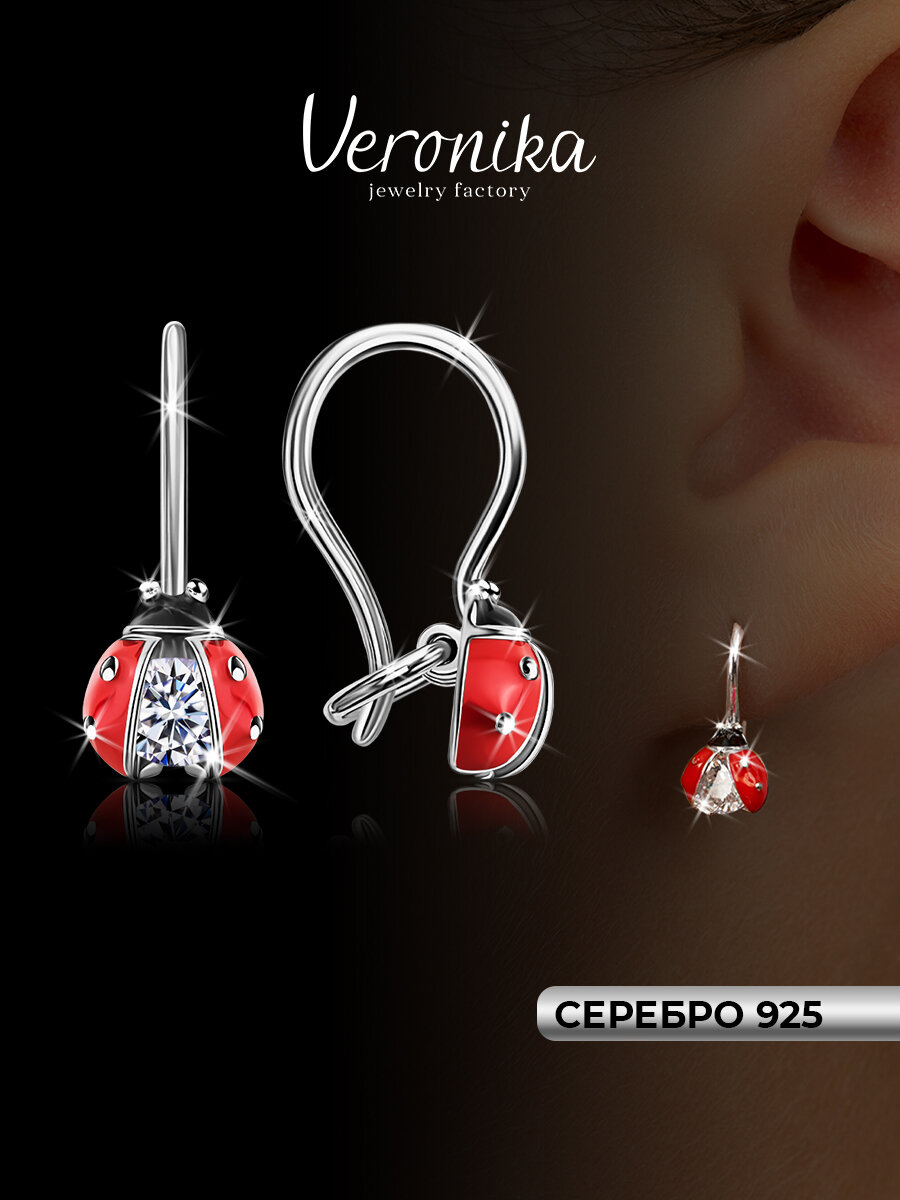 Серьги, серебро, 925 проба, родирование, эмаль, фианит
