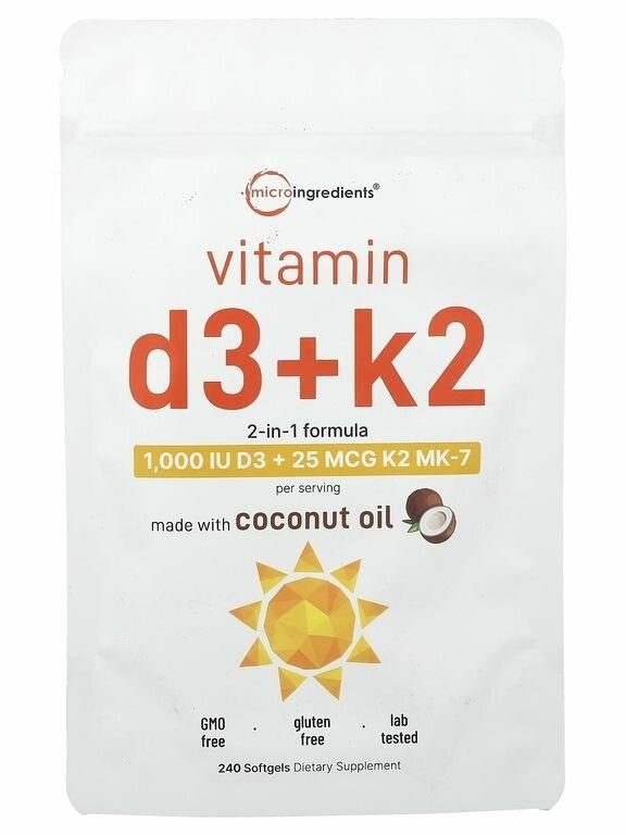 Витамины D3 и K2, 240 мягких таблеток, Micro Ingredients