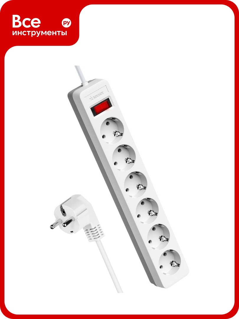Сетевой фильтр космос 5м 6 гнезд, ПВС 3×0.75 мм², белый FKsm5m‑6g (16A) с заземлением и защитой