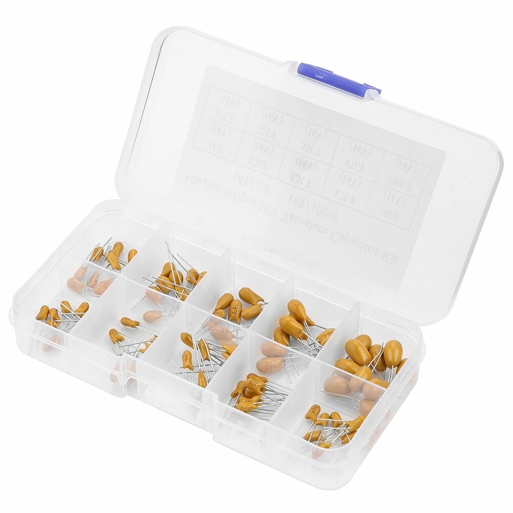 Комплект из 100 танталовых конденсаторов разных номиналов, 10 мкФ - 100 мкФ, 16 В, электролитические конденсаторы с боксом для хранения для электронных проектов