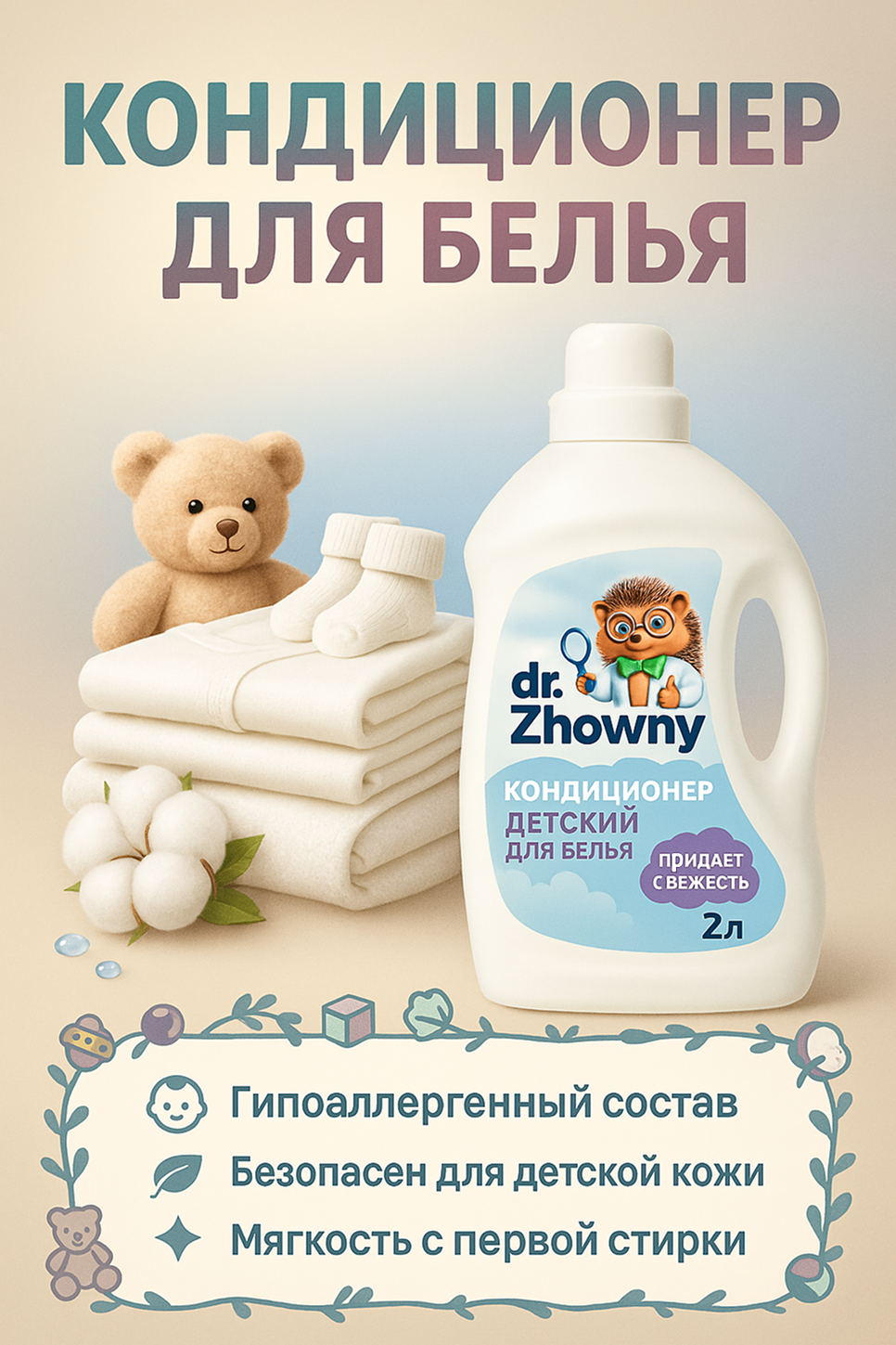 Кондиционер для белья Dr. Zhowny "Детский", гипоаллергенный, 2 л