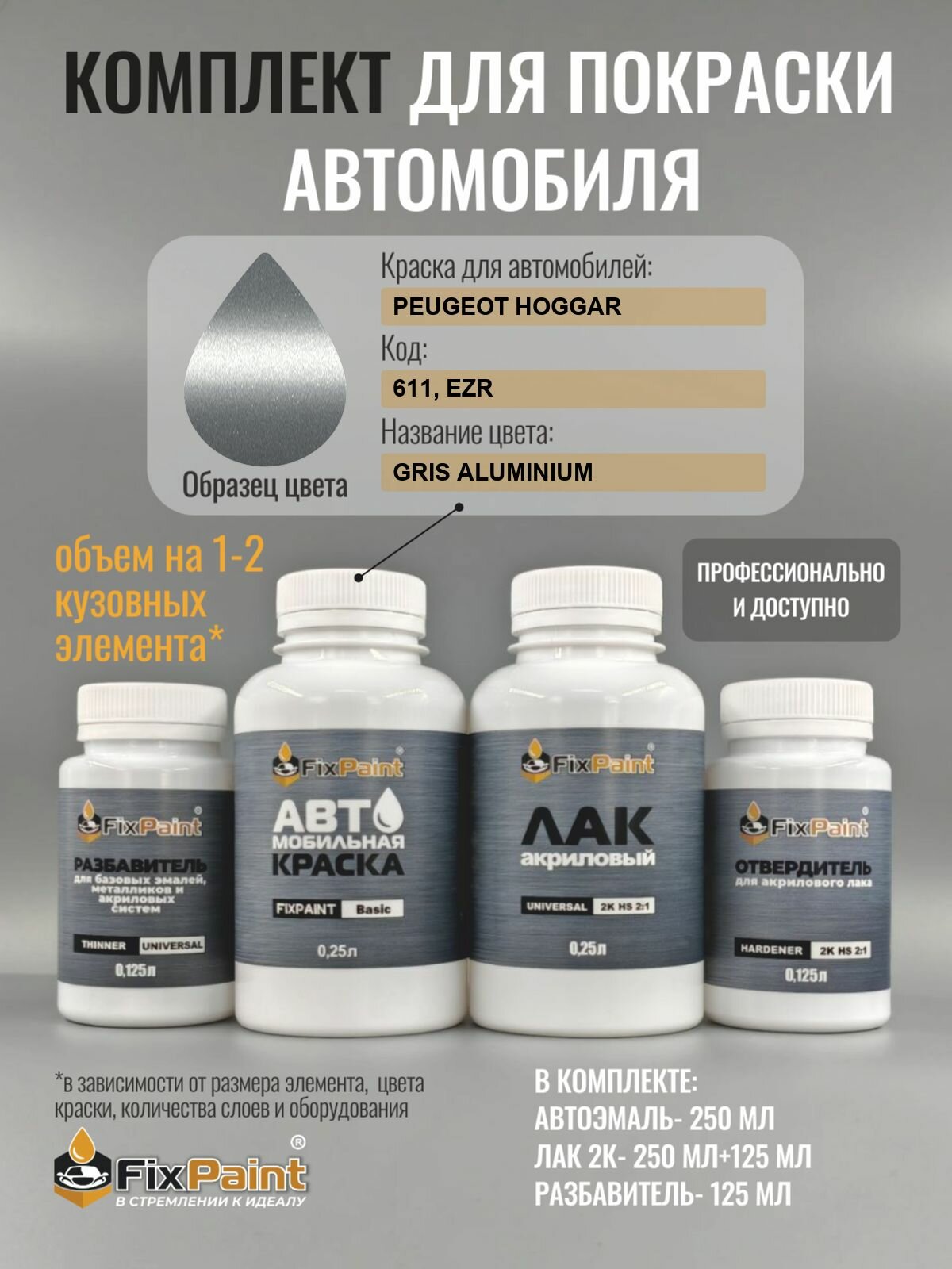 Комплект для покраски PEUGEOT HOGGAR, код 611, EZR, GRIS ALUMINIUM, базовая автомобильная эмаль 250 мл, лак 2K 250 мл с отвердителем, разбавитель 125 мл, FixPaint Pro