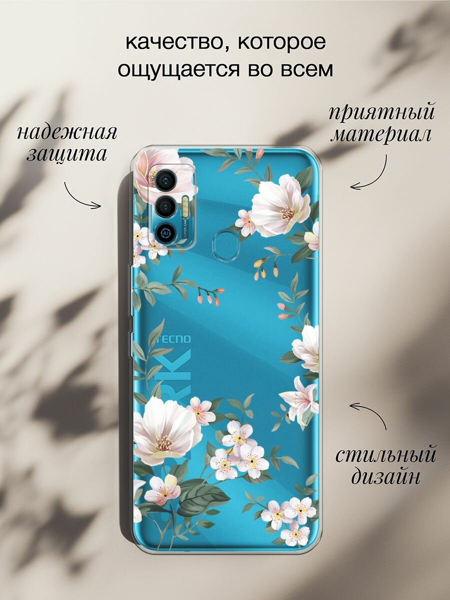 Чехол на Tecno Spark 7 / Техно Спарк 7 с принтом "Beautiful white flowers", прозрачный — фото 1