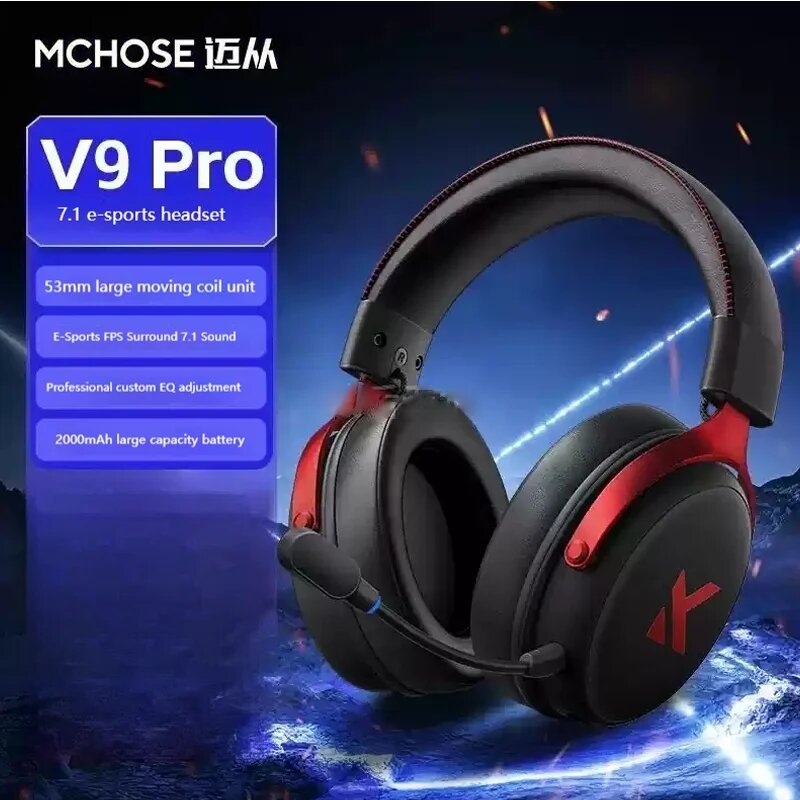 Игровая Гарнитура MCHOSE V9 Pro Cyber Sports С Микрофоном, Беспроводная, Три Режима Подключения, USB, 7.1-канальная, Портативная