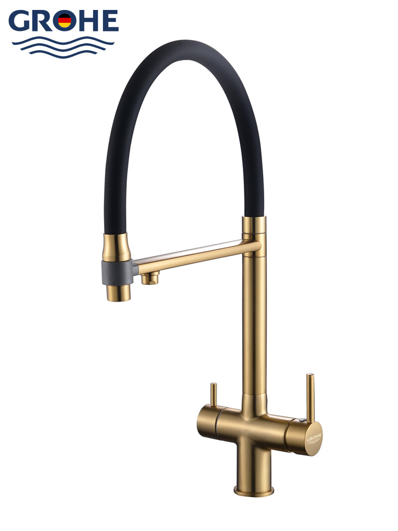 Кухонный смеситель Grohe с диспенсером для питьевой воды и гибким поворотным изливом из силикона.