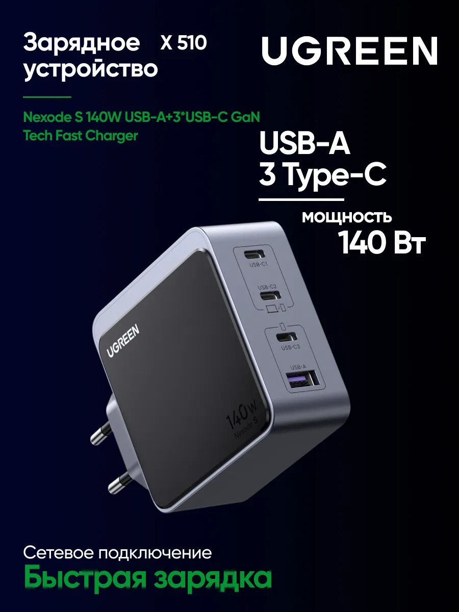 Сетевое зарядное устройство UGREEN X570 (45575) Nexode S 140W USB-A+3*USB-C GaN Tech Fast Charger EU. Цвет: серый
