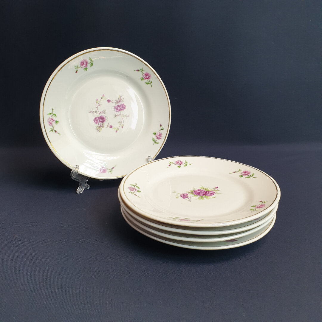 Набор из 5 десертных тарелок Чудово, фарфор деколь позолота 175 мм, винтаж СССР