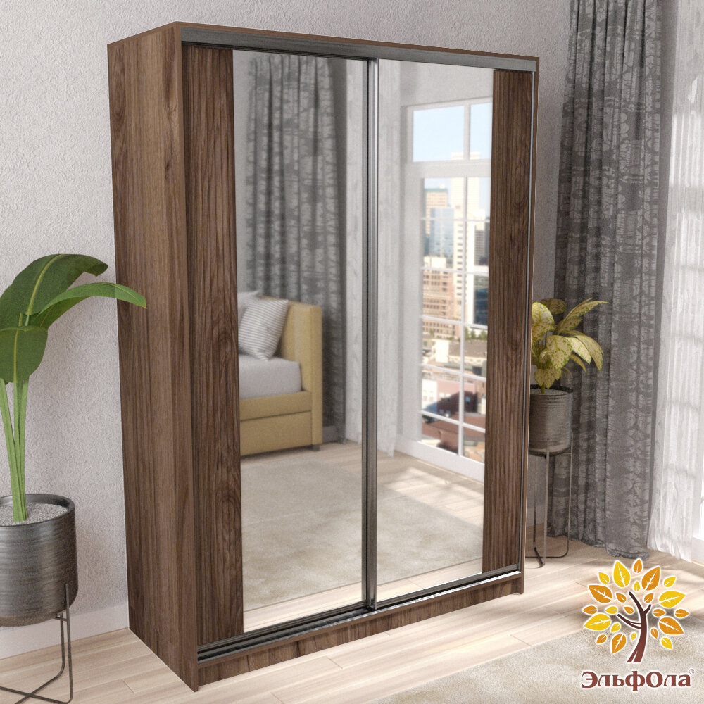 ЭльфОла Шкаф-купе "Вертикаль" 152х60х220 см, цвет гикори джексон темный/черный/накладка гикори джексон, с зеркалом, для одежды, двухдверный