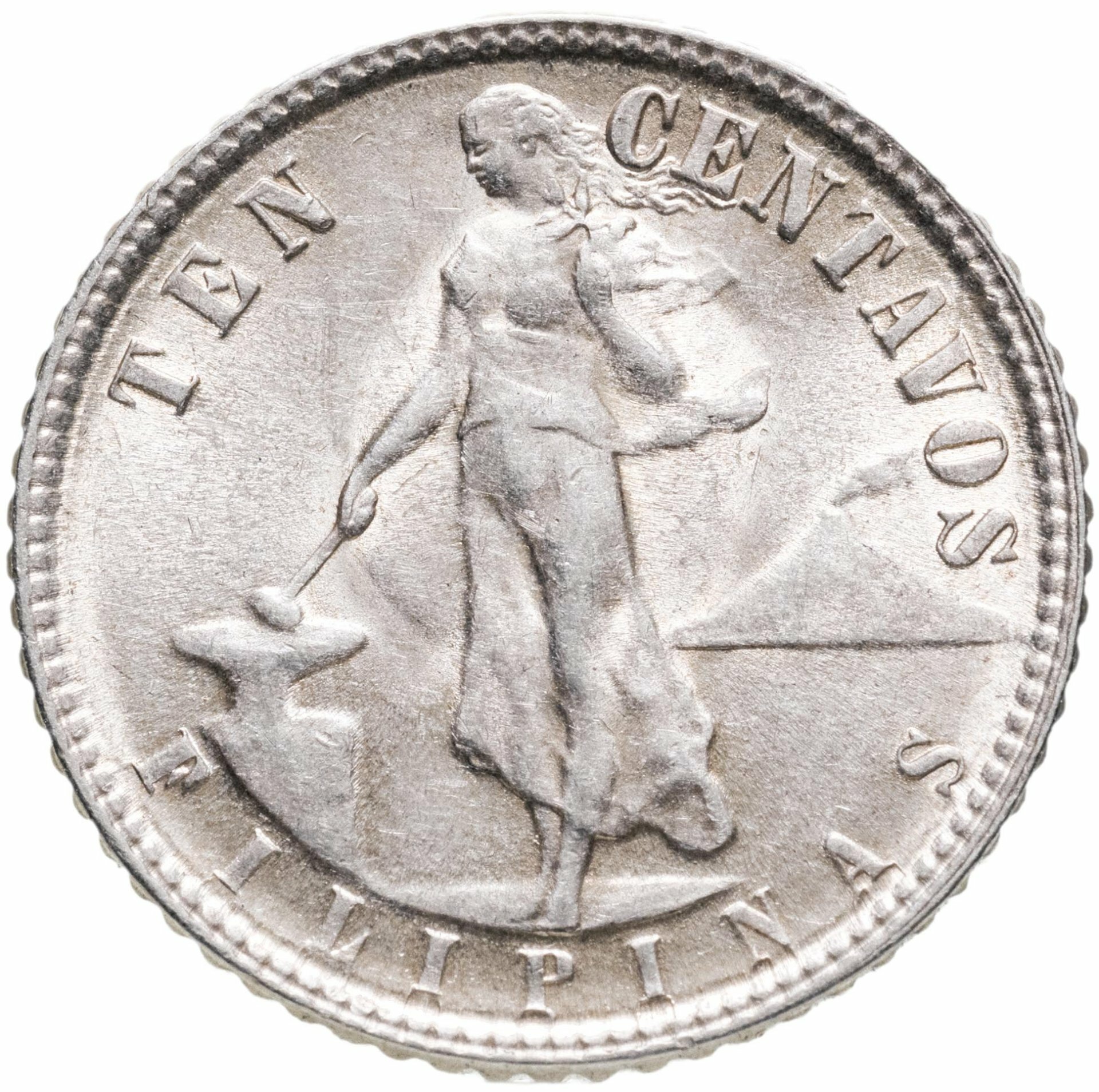 Филиппины 10 сентаво centavos 1945, Серебро 750, в сохранности AU-UNC