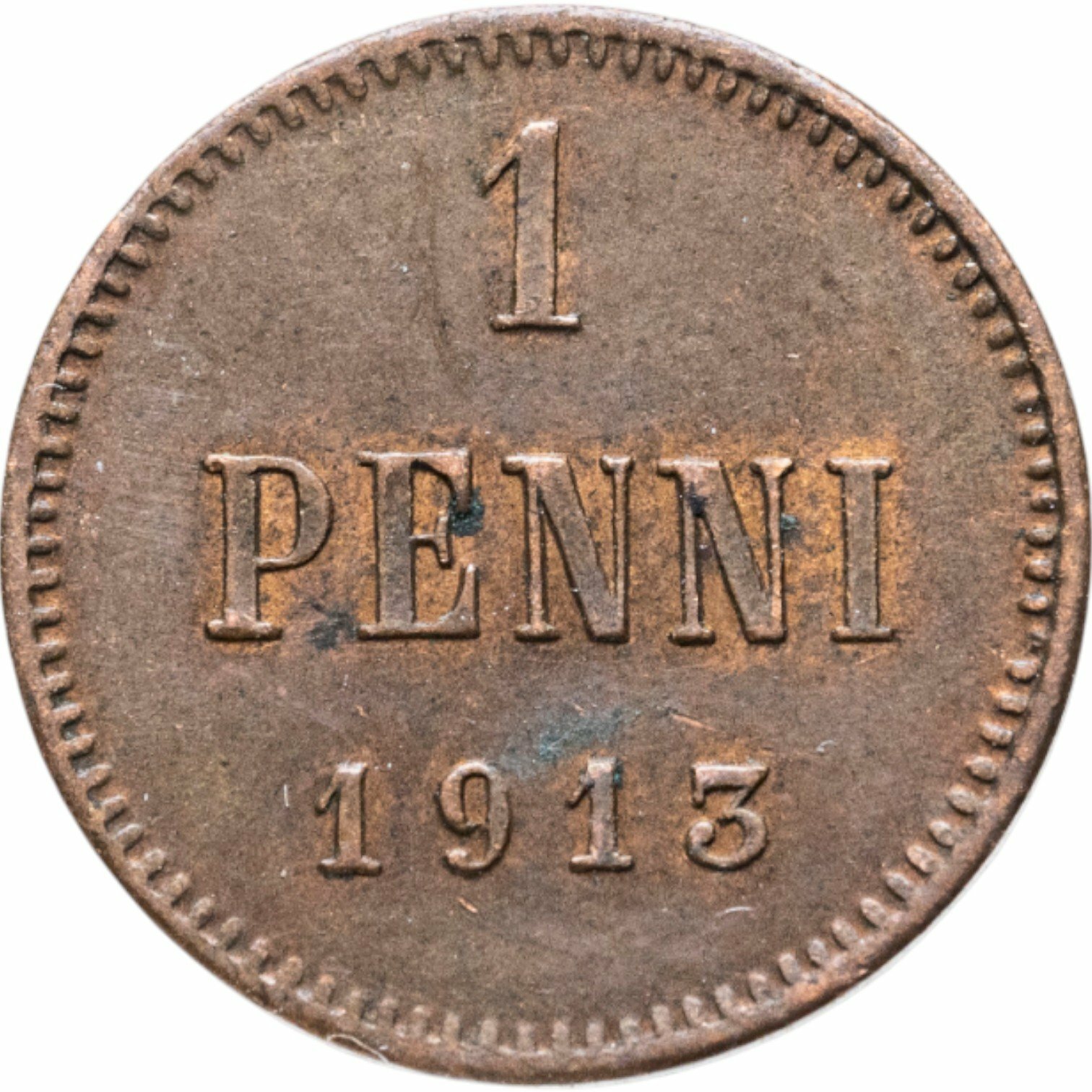 1 пенни penni 1913 Российская Финляндия, Медь, в сохранности AU