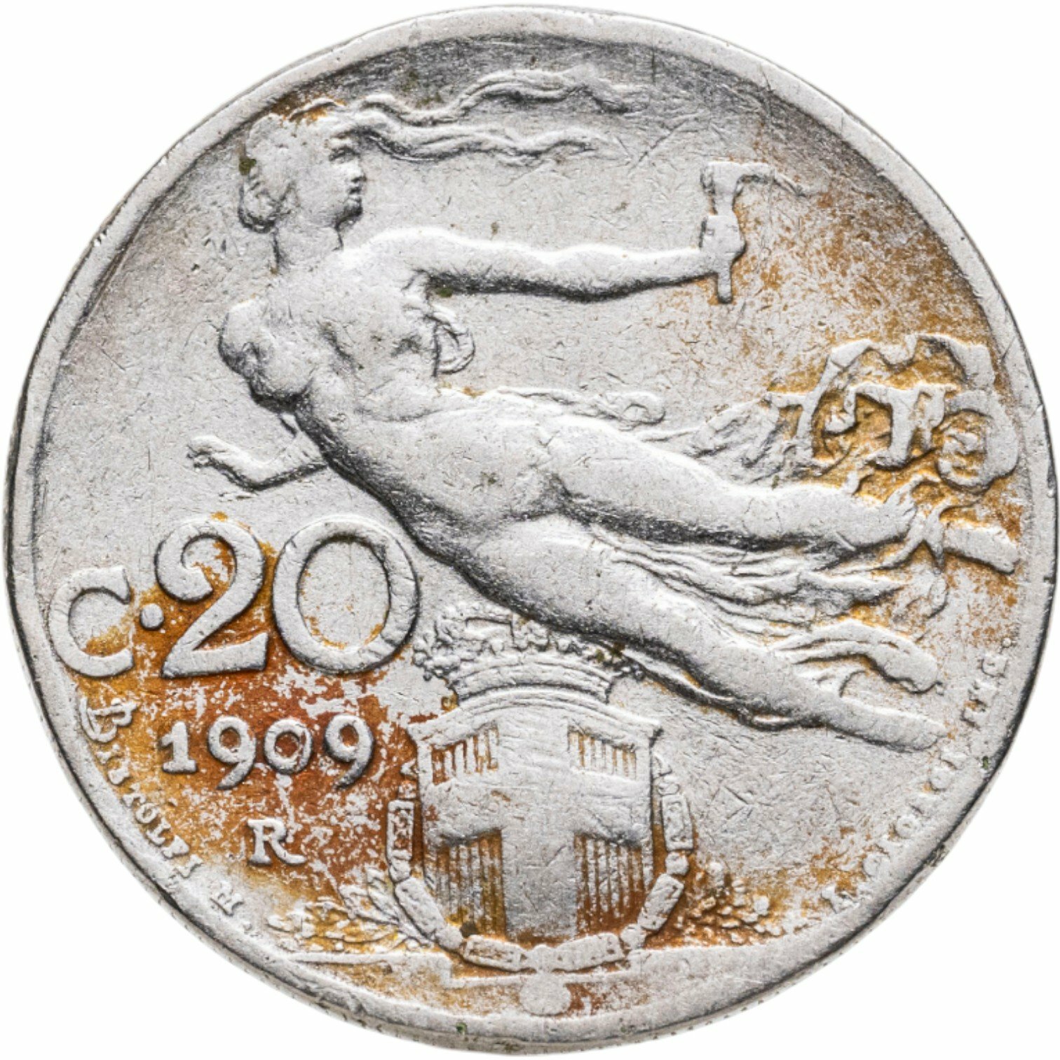 Италия 20 чентезимо centesimi 1909, Никель, в сохранности VF-XF