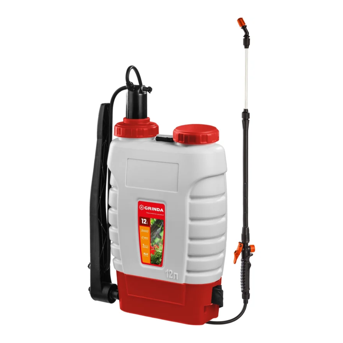 Опрыскиватель ручной Grinda KS-12 425217, ранцевый, 12 л, ударопрочный, рычажный механизм, белый/красный