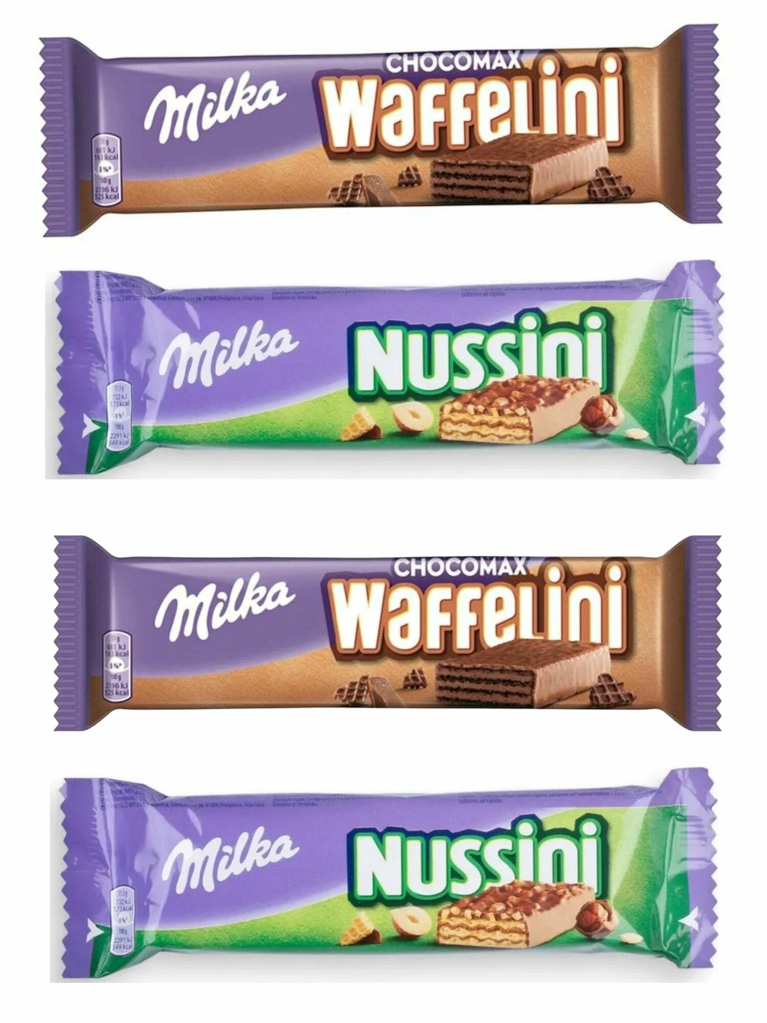 Вафли Milka, набор Nussini и Waffelini, 4 шт по 35 г
