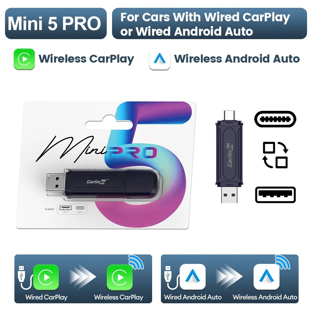 Беспроводной адаптер CarlinKit 5.0 Mini Ultra для CarPlay и Android Auto, для автомобилей с OEM-системами, подключение по Wi-Fi и Bluetooth, Plug and Play Mini 5 Pro