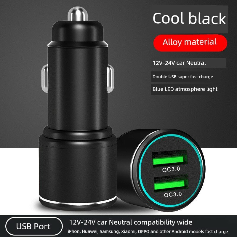 Алюминиевый черный автомобильный зарядный адаптер для 12V/24V, быстрая зарядка, два USB порта