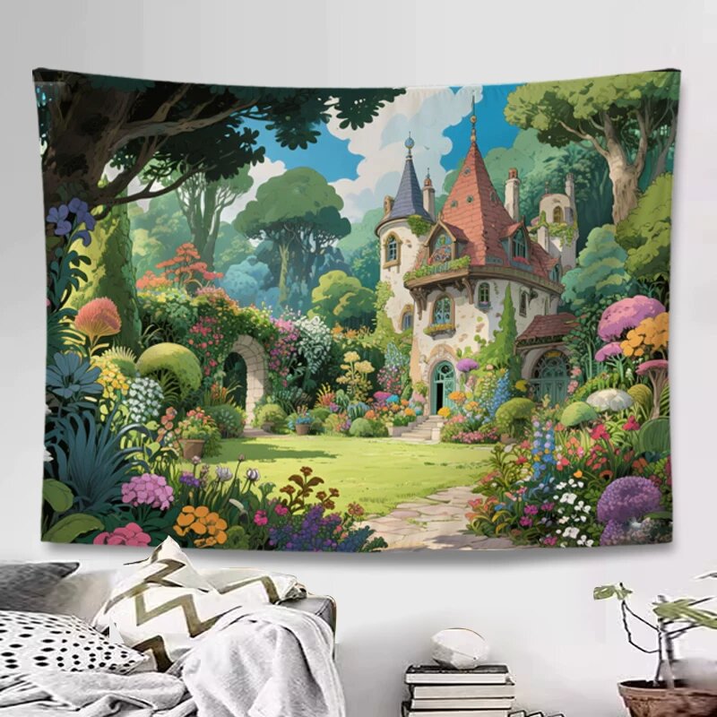 Холст-фон «Замок исцеления» Хаяо Миядзаки, настенное украшение для спальни, тканевый гобелен с мультяшными