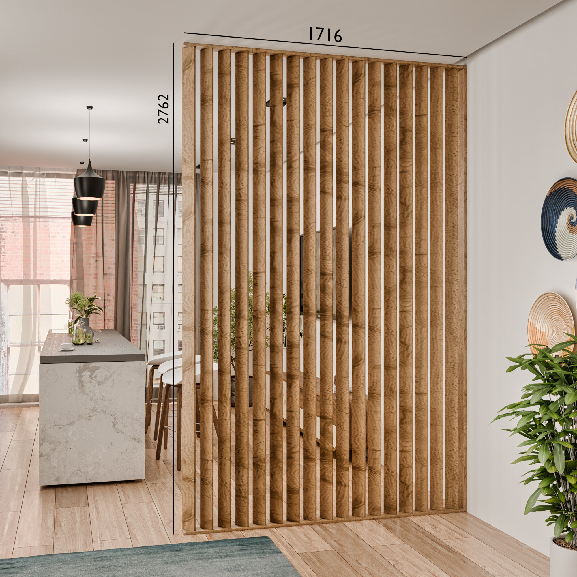 Реечная перегородка для зонирования пространства, ЛДСП, дуб вотан, 172 см