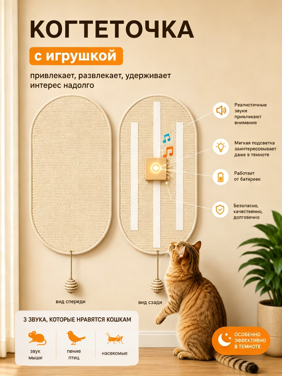 Когтеточка лежанка для кошки со звуковой игрушкой, самоклеящаяся — из натурального сизала, безопасная для кошек