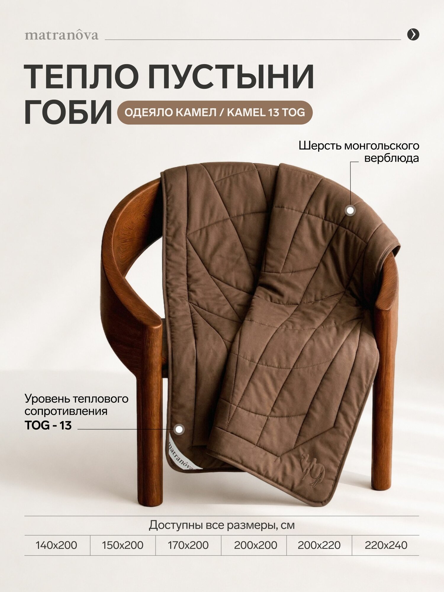 Одеяло Matranova "Camel", верблюжья шерсть и хлопок, 200 см x 200 см
