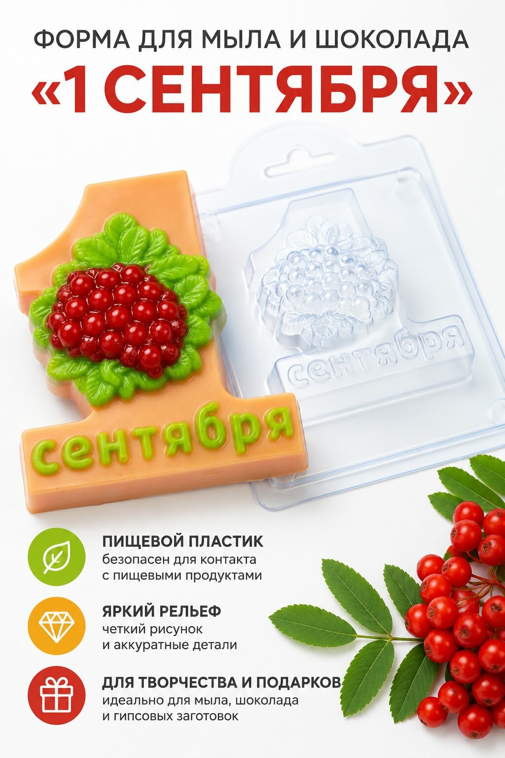 Форма для мыла и шоколада 1 сентября с рябиной V2 пластиковая