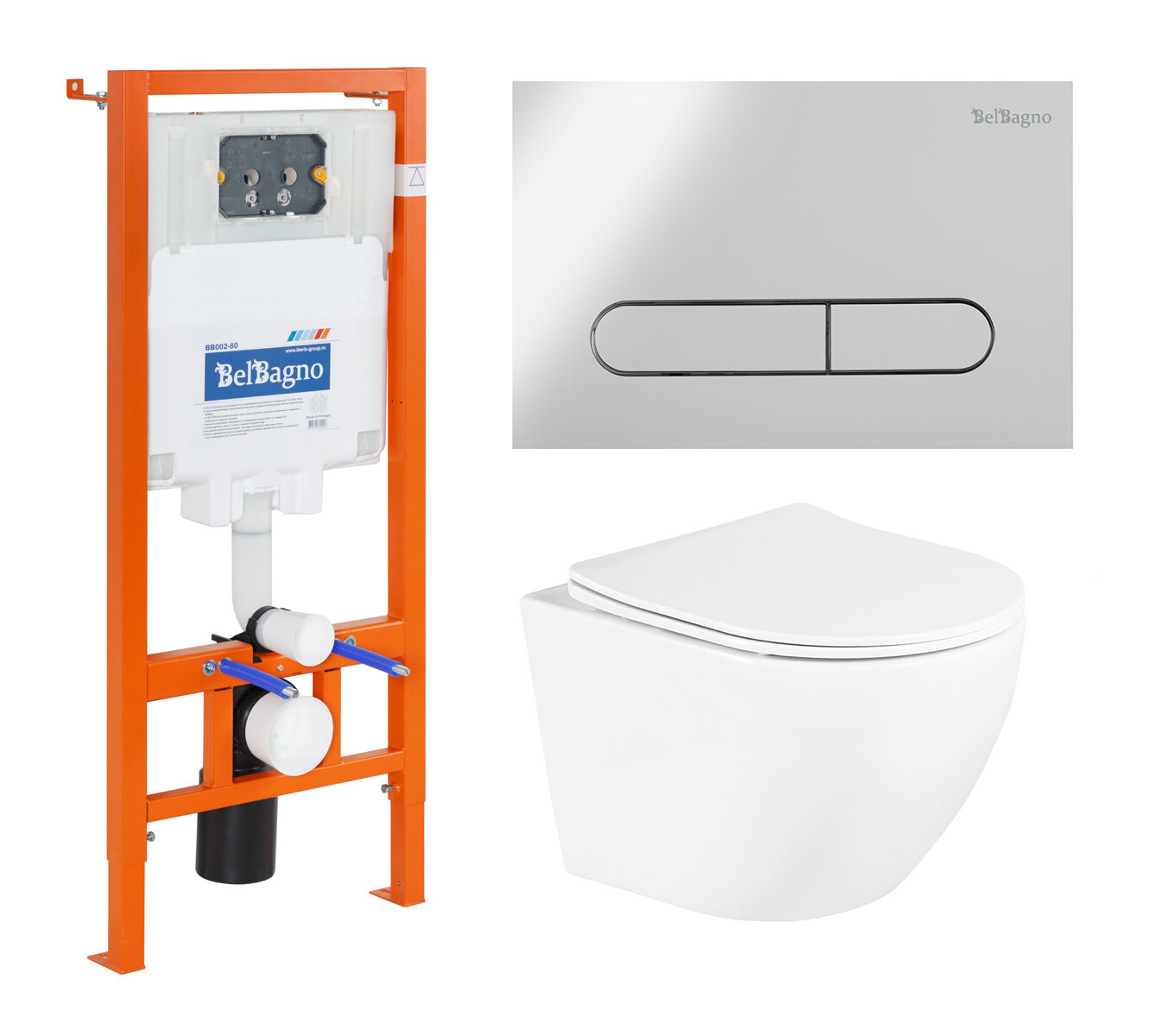 Комплект унитаз с инсталляцией BelBagno Uno BB3105CHR/SC/BB002-80/BB005-PR-CHROME безободковый, микролифт, белый, кнопка хром