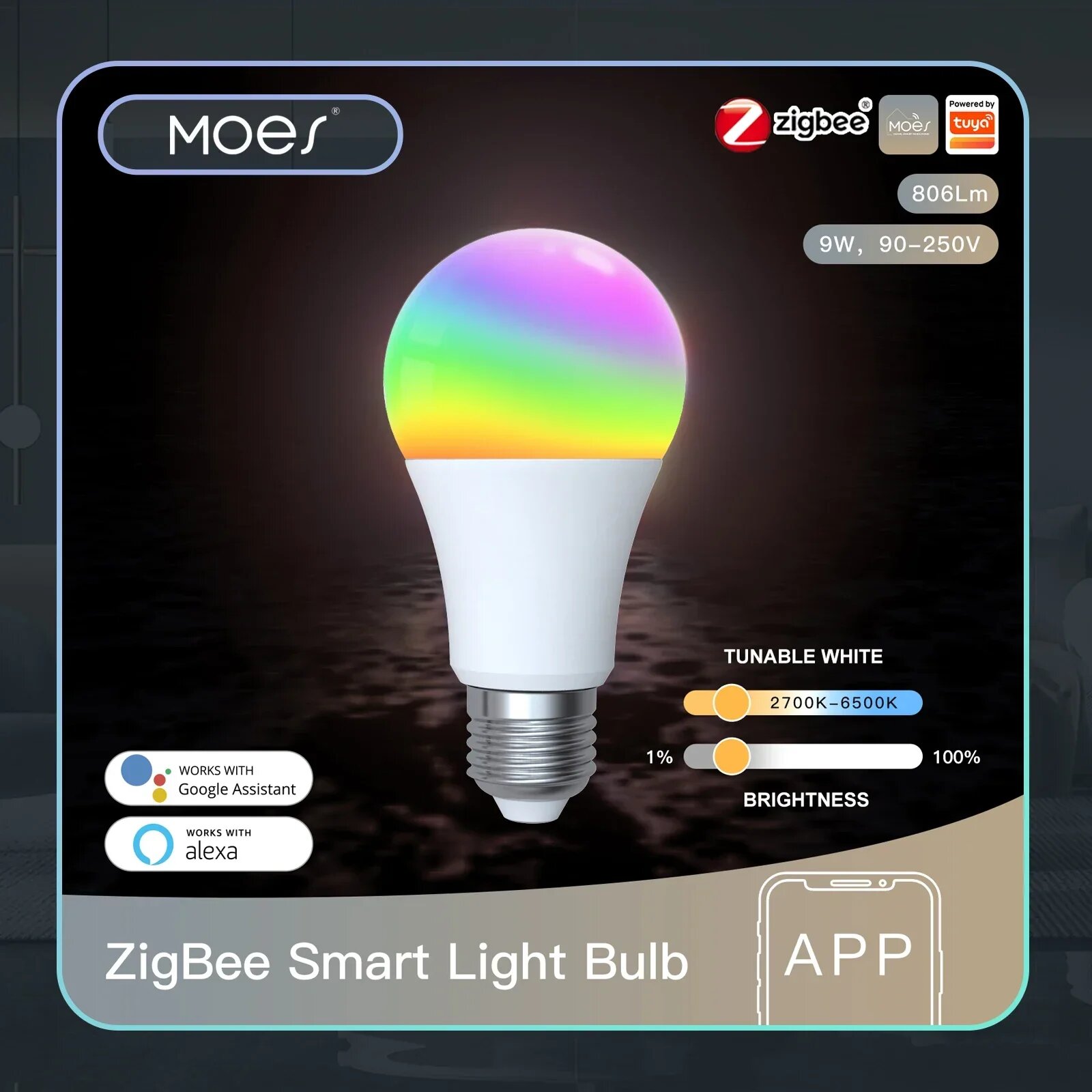 MOES RGB Светодиодная лампа 9Вт, Цвет: 1 PC