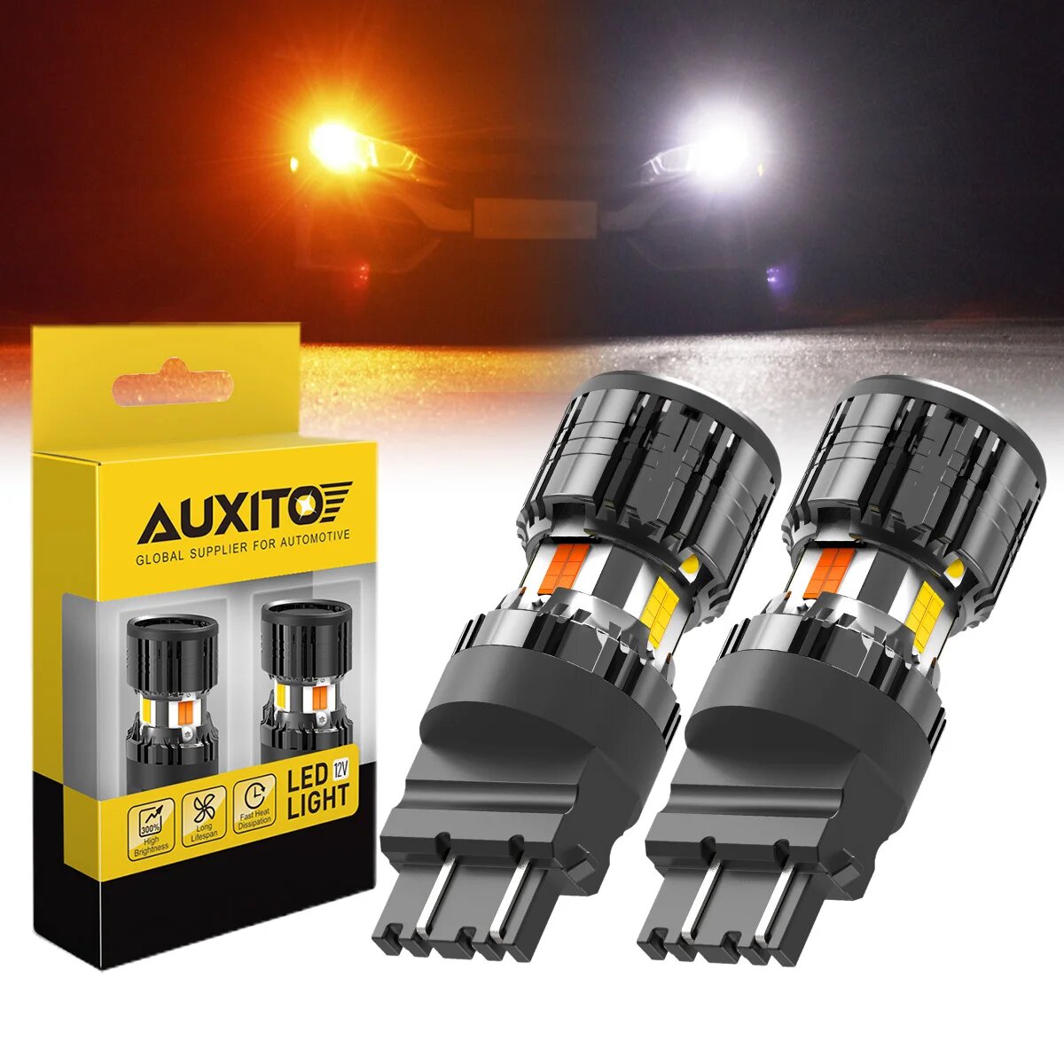 AUXITO 2X T20 7440 7443 Светодиодный указатель поворота с переключением Canbus T25 3156 3157 P27/7W Лампа без гипервспышки Двухцветный Янтарный Белый 7443 W21/5W T20