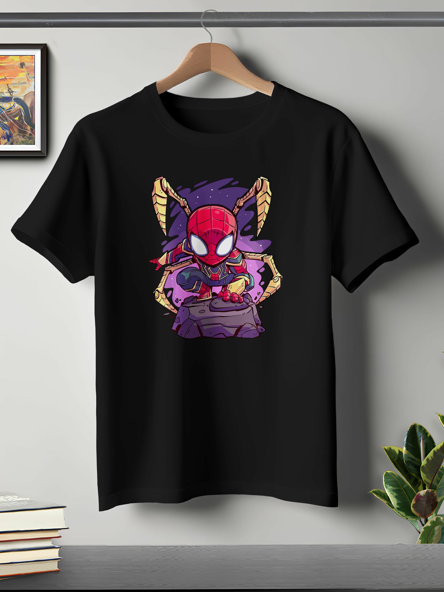 Футболка  Детская ONEQ 128 (8-9) размер с принтом Человек Паук, черная