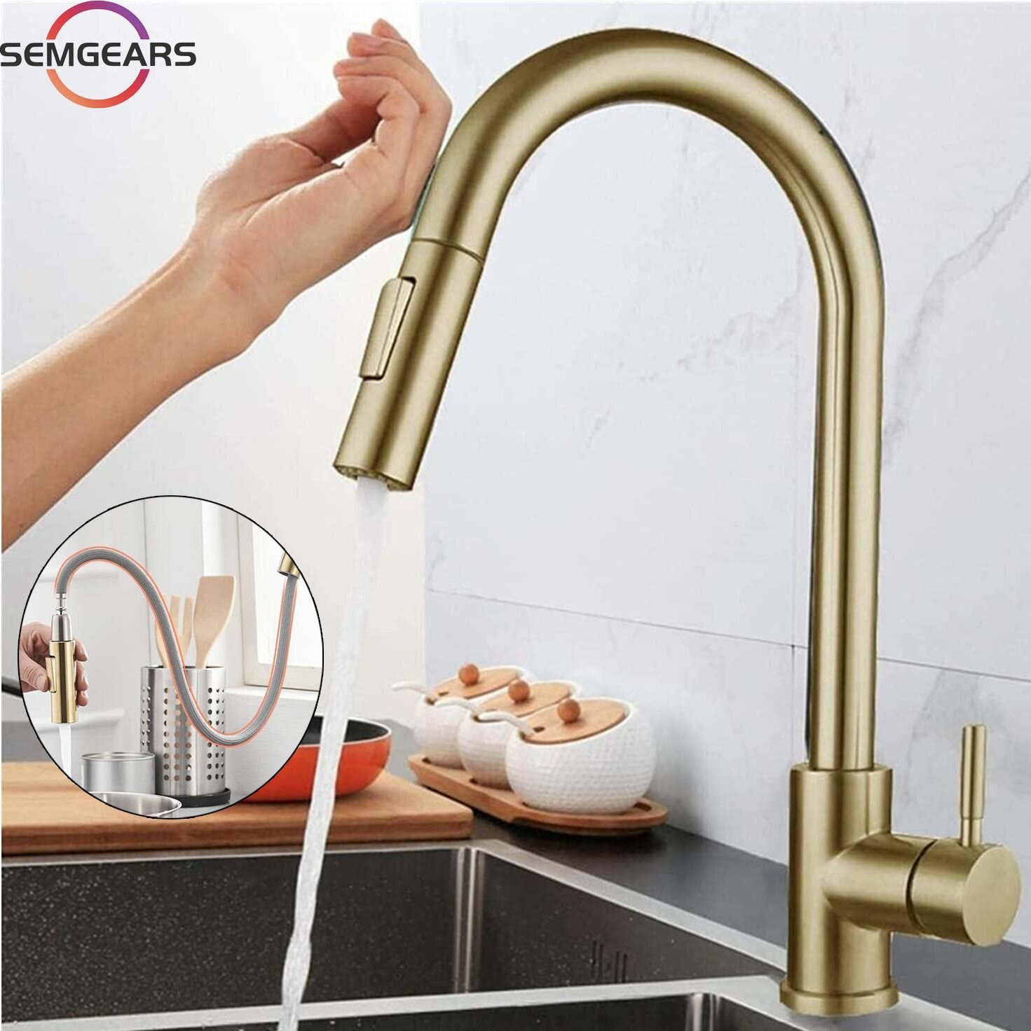 Смеситель для раковины кухни с сенсорный бесконтактный, гибкий вытяжной излив