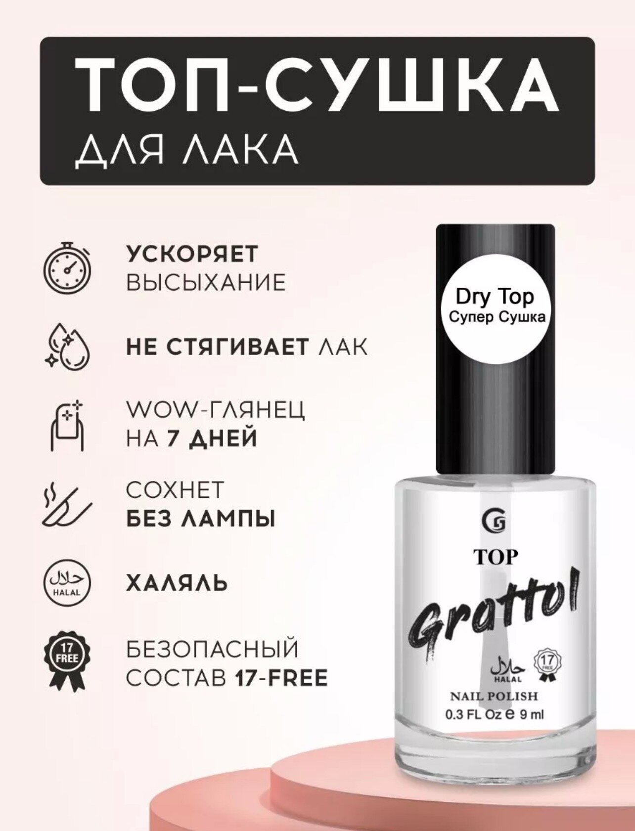Grattol Quick Dry Top, Топ сушка для ногтей, прозрачный, 9мл